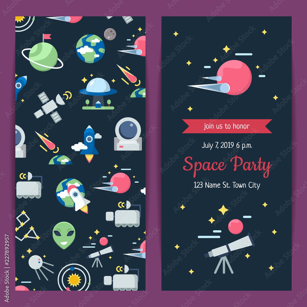 Vector flat space icons party invitation template illustration. Shuttle ...