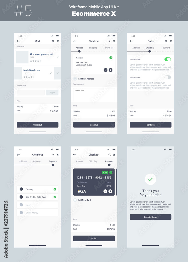 Wireframe kit for mobile phone. Mobile App UI, UX design. New ecommerce ...