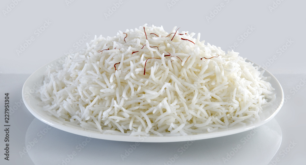Boiled Rice, Long Grain Basmati Rice Topped with Saffron Stock Photo ...