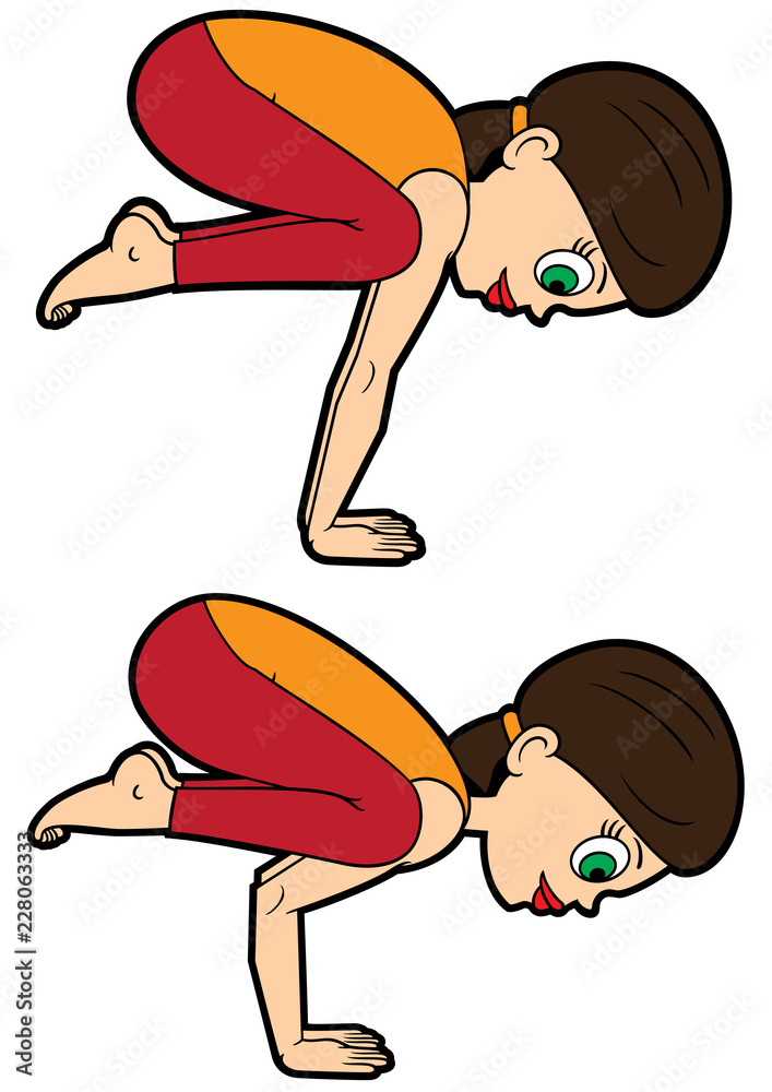 Yoga asana set crane and crow poses/ Illustration cartoon girl doing ...