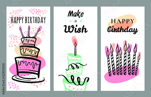 Set of birthday card design templates. Hand drawn cartoon vector sketch ...