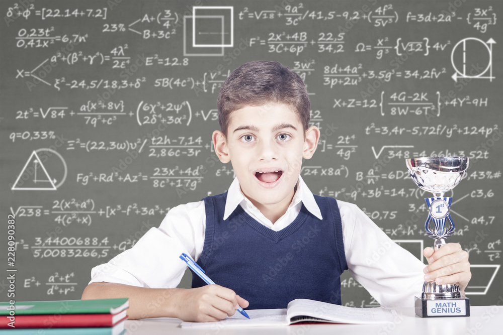 Education concept with genius school boy winner of a math competition ...