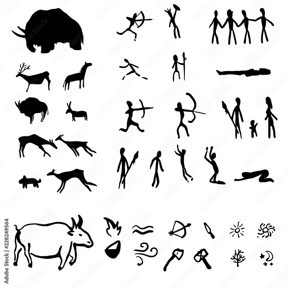 Vector Set of Black Cave Drawings Illustrations on White Background ...