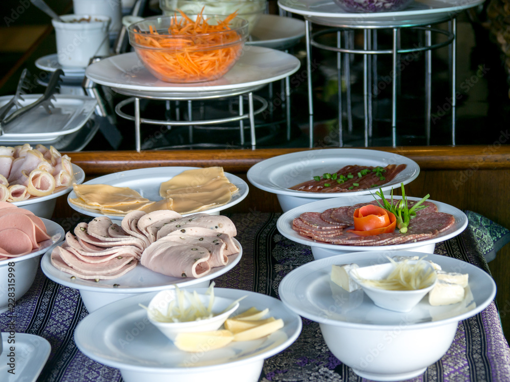 Buffet meal at a hotel,appetizer. Hotel breakfast board all you can eat ...