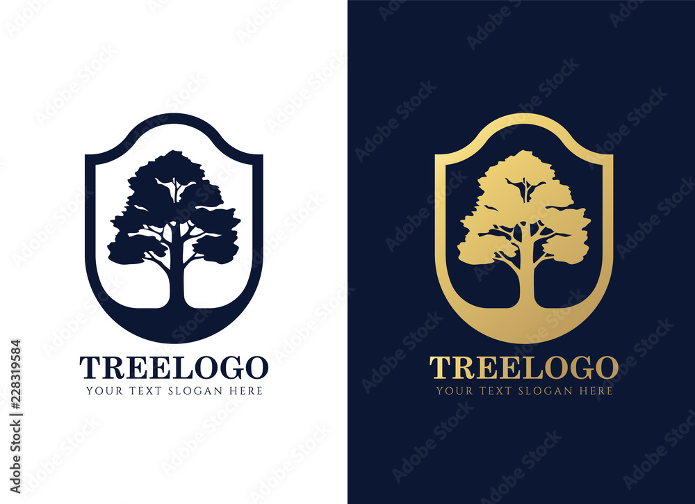 Gold and dark blue tree logo sign in Elegant shield frame vector design ...