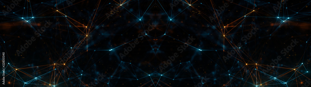 Abstract ultra wide plexus structure of many glowing lines and ...