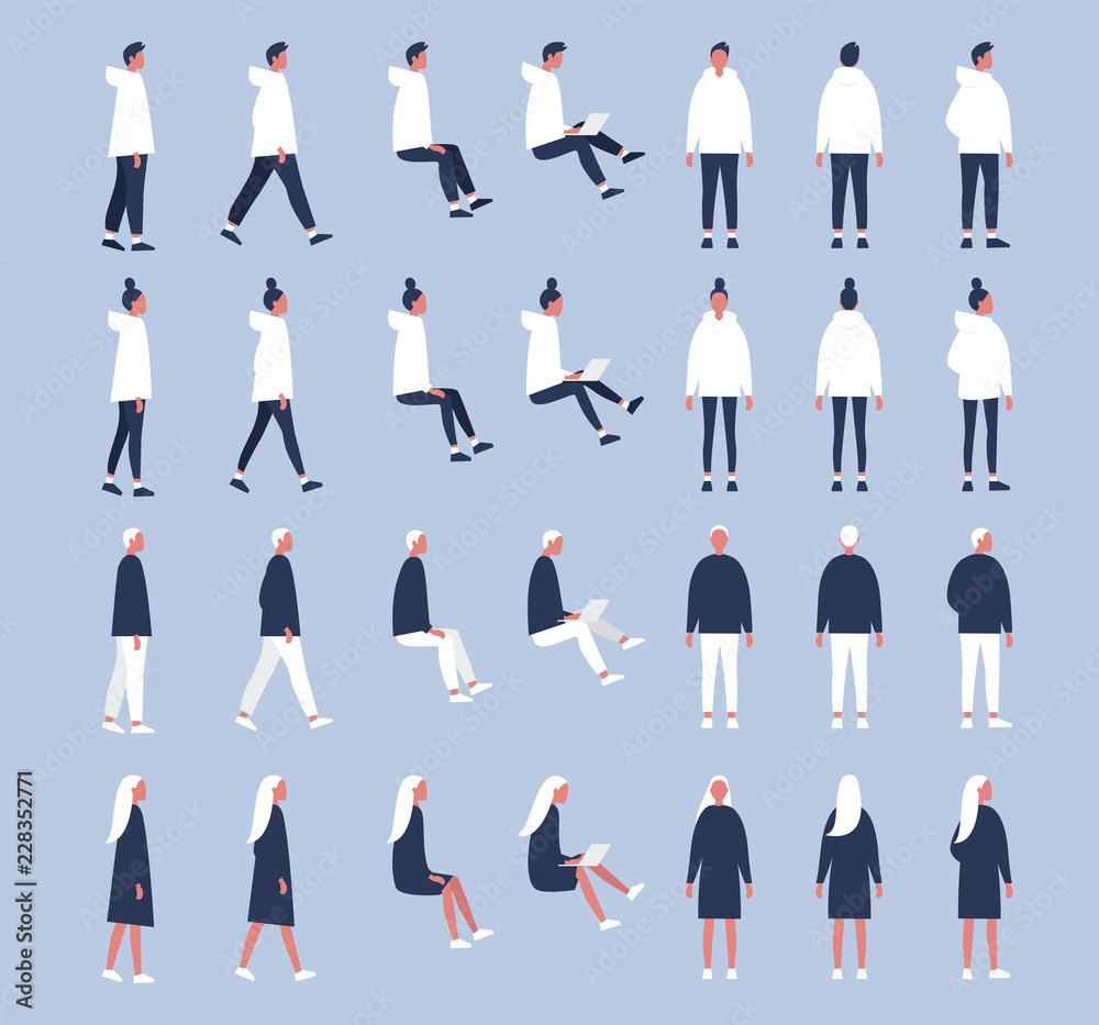 Set of flat vector characters in different poses. Young adults ...