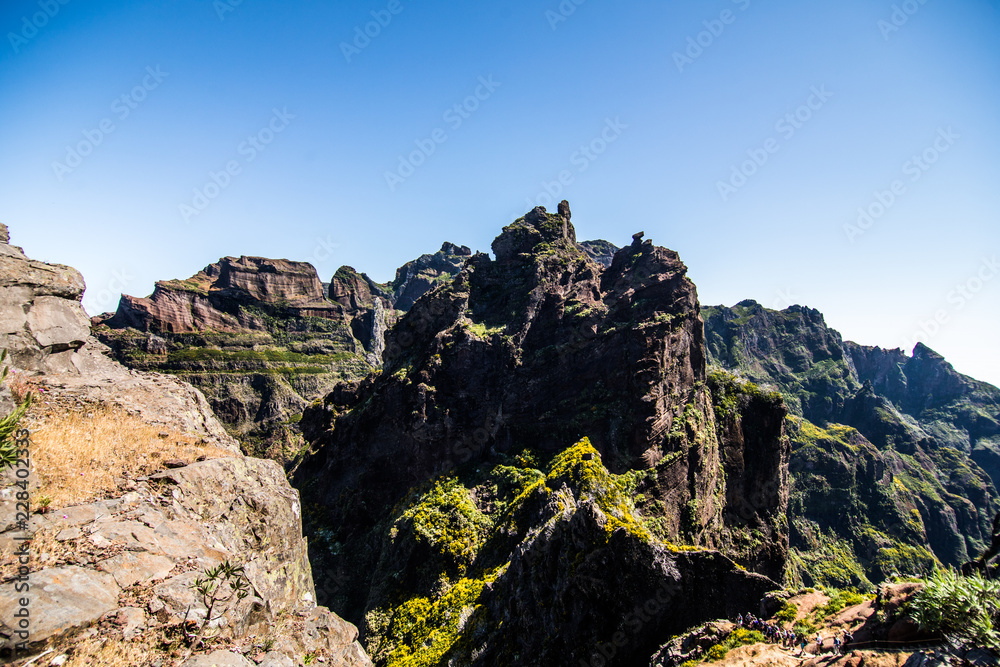 Trekking on the levada trail going across the beautiful meadows and ...