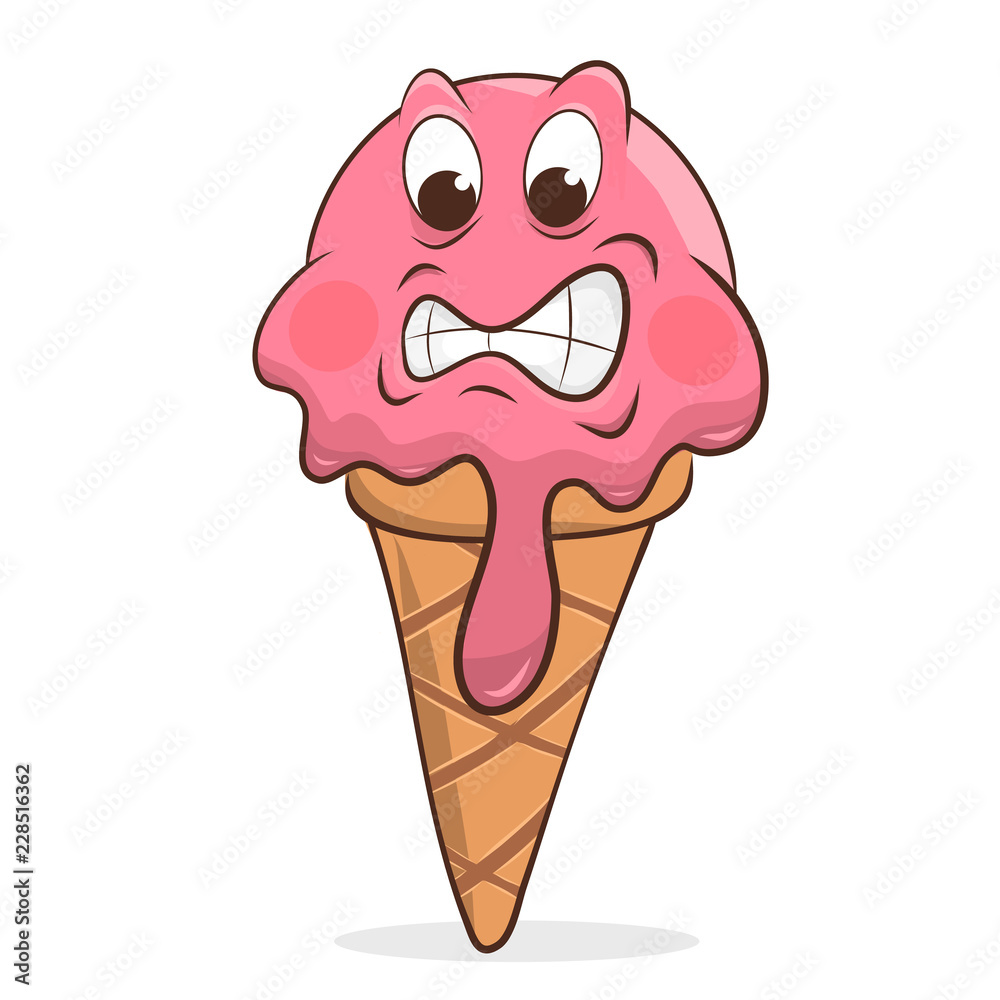 Stock Vektorgrafik Funny pink melt ice cream in wafer cone. Cartoon vector illustration. Adobe Stock