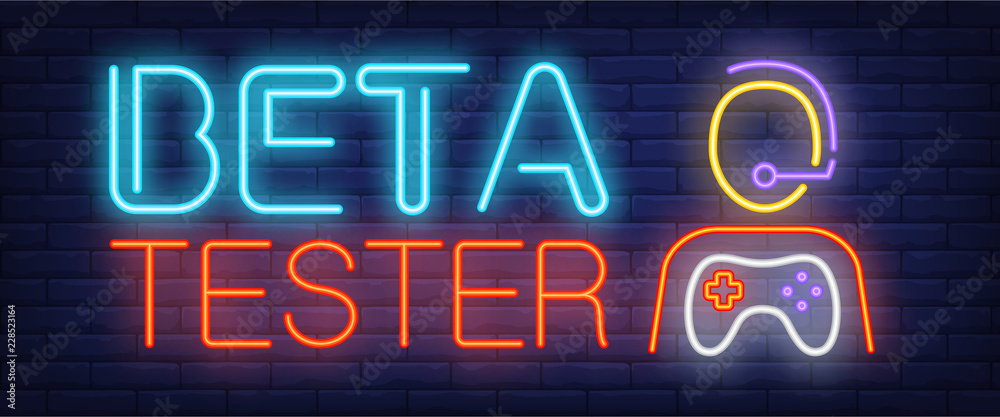 Beta tester neon text and person with game console. Computer games ...