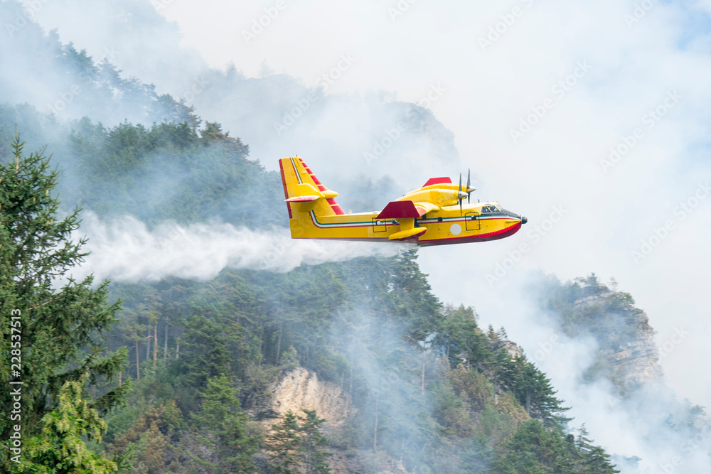 Water bomber aircraft Canadair. A yellow airplane of the Fire Brigade ...