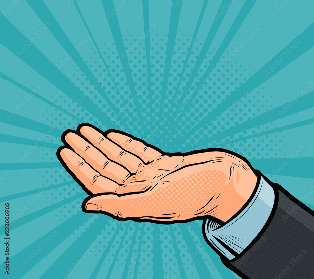 Cupped or open hand. business, presentation concept. Pop art retro ...