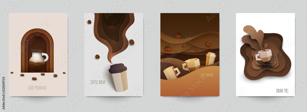 Set of coffee composition in minimalistic paper cut style. Design ...