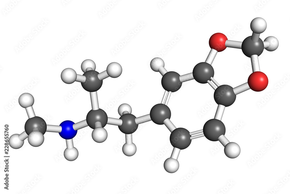 The structure of MDMA molecule, ball-and-stick model. MDMA is a widely ...