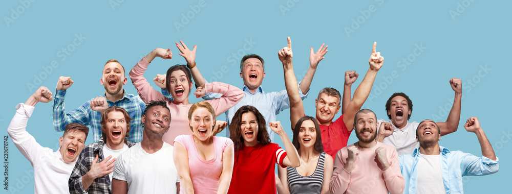 Collage of winning success happy men and women celebrating being a ...