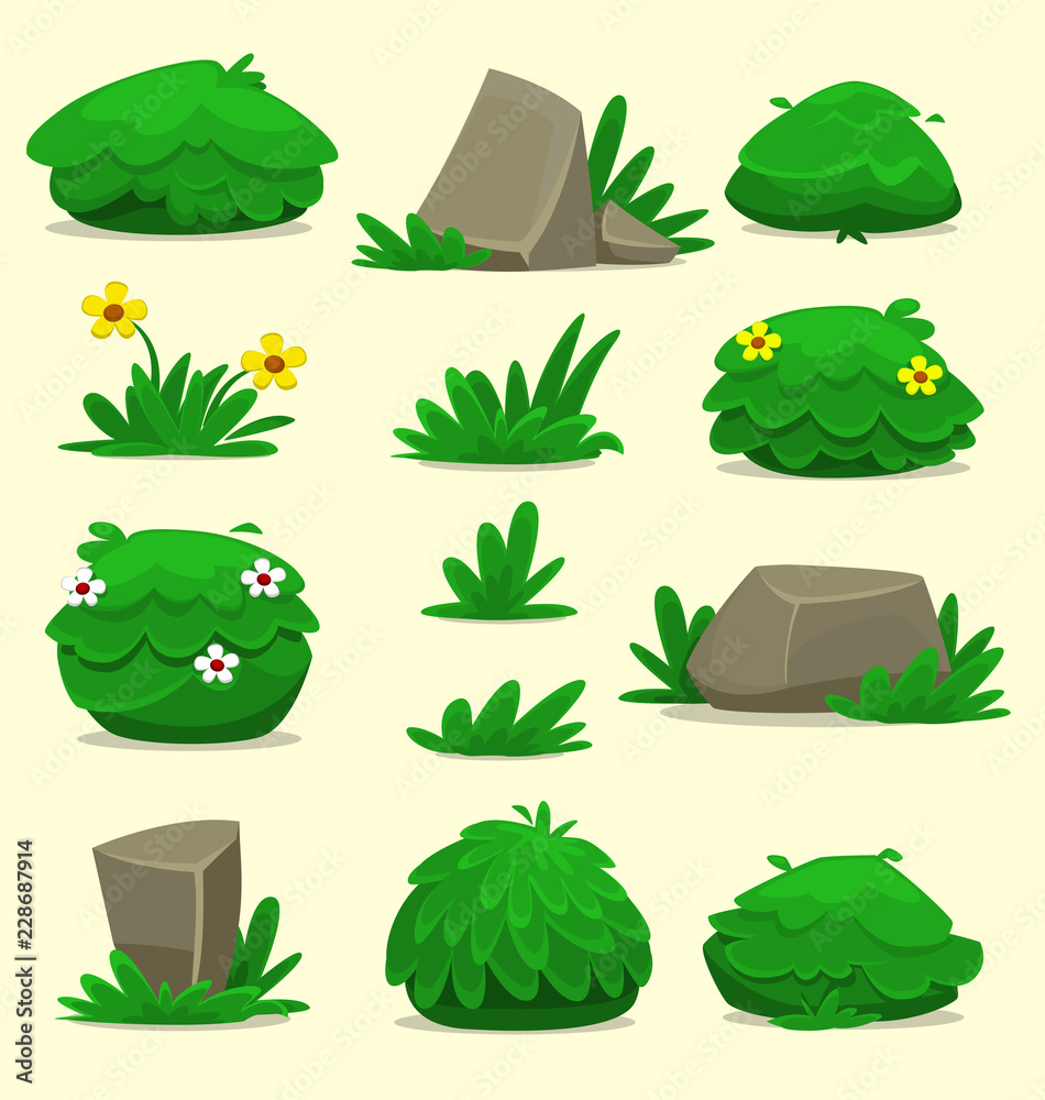 vector cartoon isolated bush tree and grass rock template collection ...