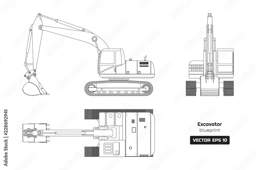 Outline drawing of excavator on white background. Top, side and front ...