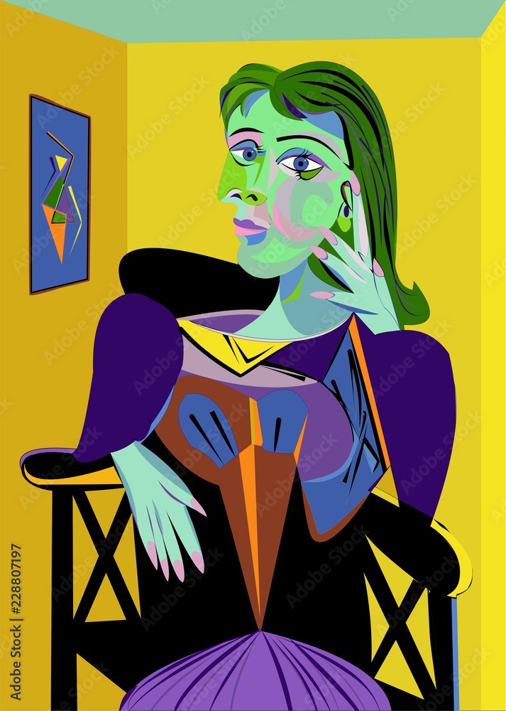 Colorful abstract background, cubism art style, woman on chair Stock ...