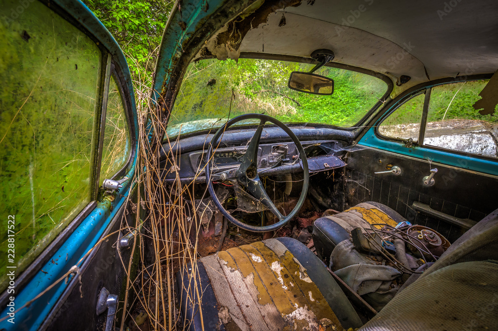 Interior of forgotten car decaying in the garden, urbex Czech republic ...