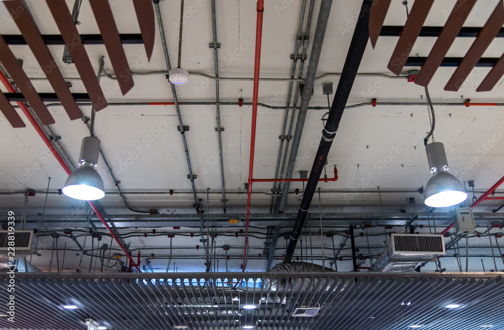 power line in running conduit tube on ceiling, galvanized steel conduit ...