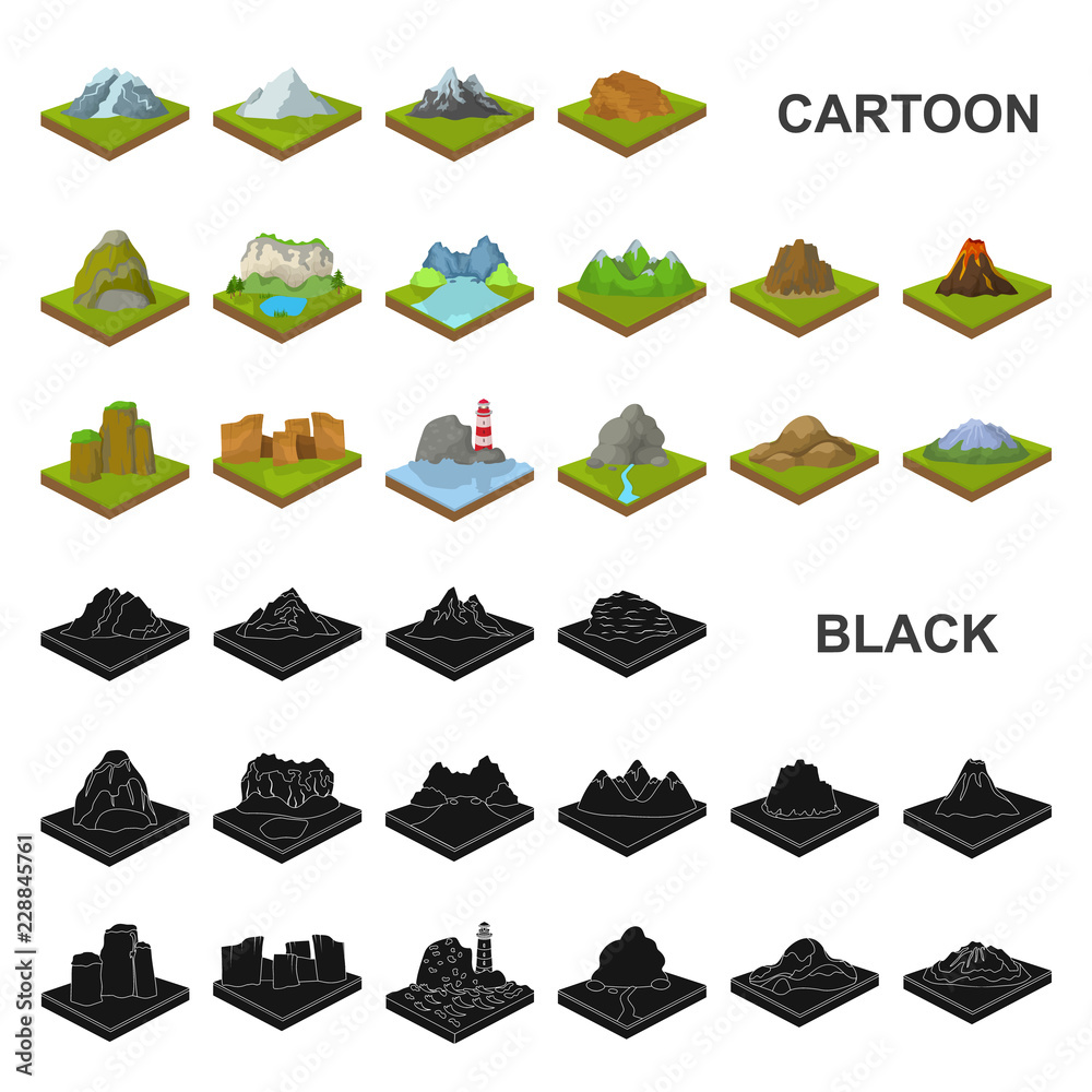 Mountains, massive cartoon icons in set collection for design. The ...
