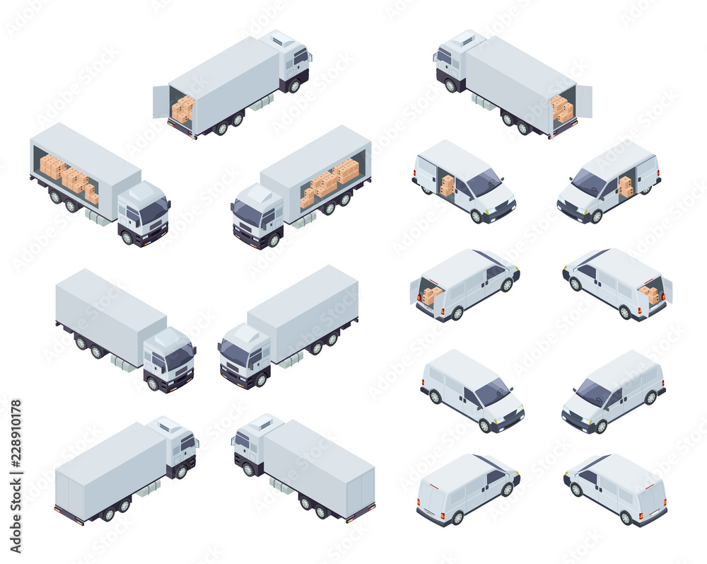 Vector de Stock Loaded Cargo Vehicles Isometric Vector Icons Set ...