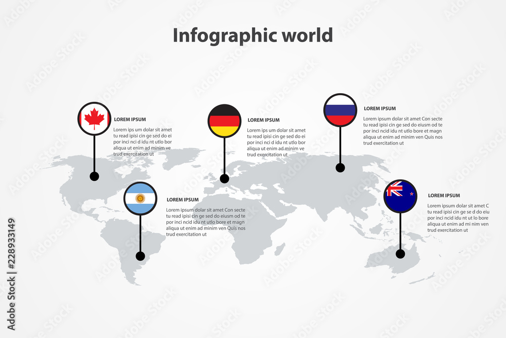 infographic country world map, international world flags, continents ...