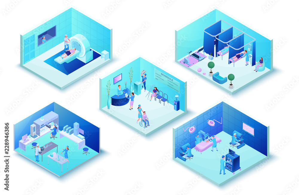 Medical clinic infographics with hospital hall interior, laboratory ...