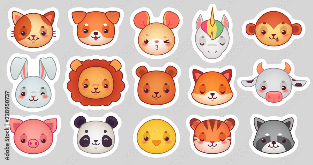 Animals face stickers. Cute animal faces, kawaii funny emoji sticker or ...