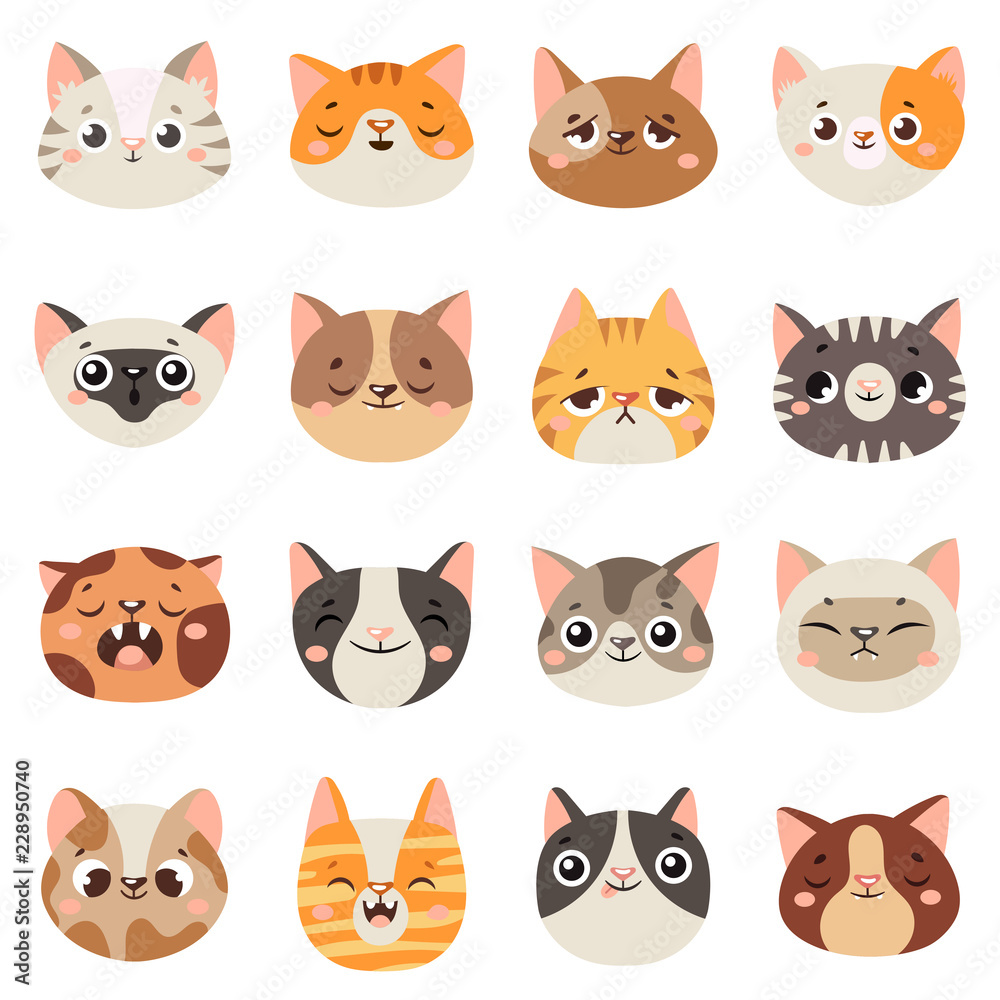 Cute cats faces. Happy animals, funny kitten smiling mouth and crying ...