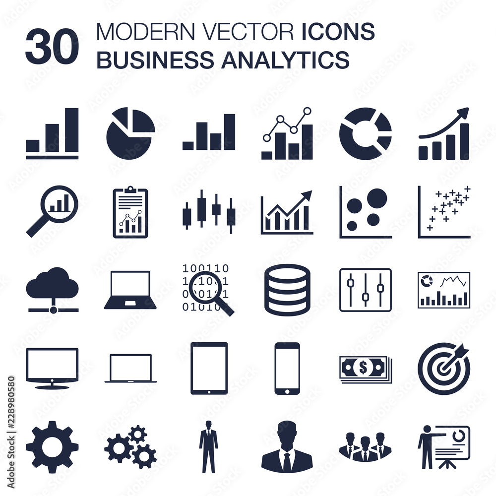 Business Analytics icons set (key performance indicators, metrics, KPI, dashboard, charts ...