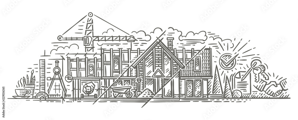 Construction/building process illustration. Building house stages ...