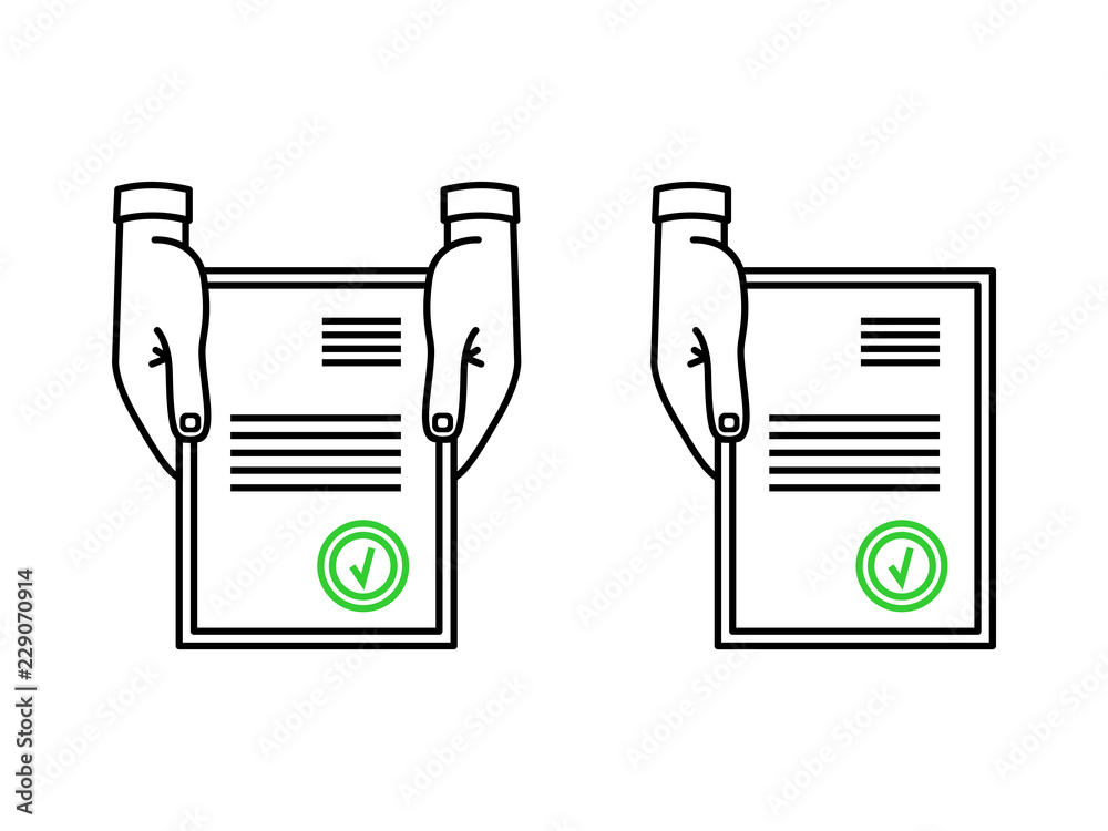Hands giving us a sheet of paper with acceptance mark OK sign or ...