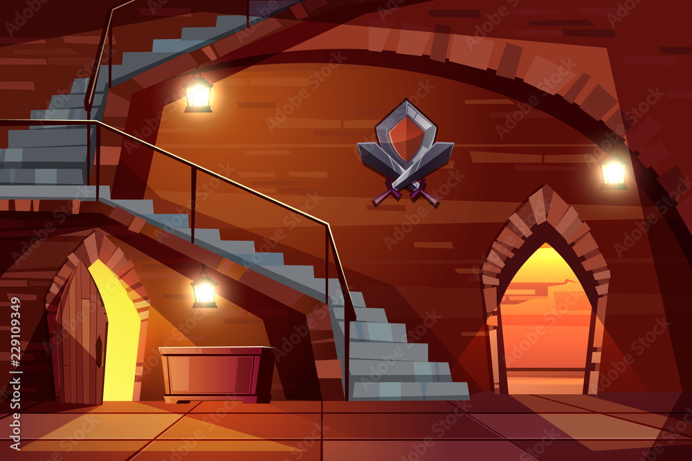 Image vectorielle Stock Dark dungeon of medieval castle with walls of ...