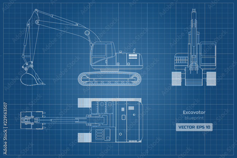 Blueprint of excavator on white background. Top, side and front view ...