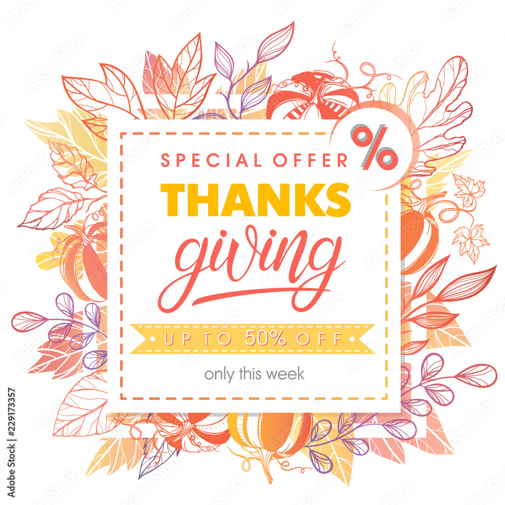 Thanksgivung special offer banner.Hand drawn lettering with leaves in ...