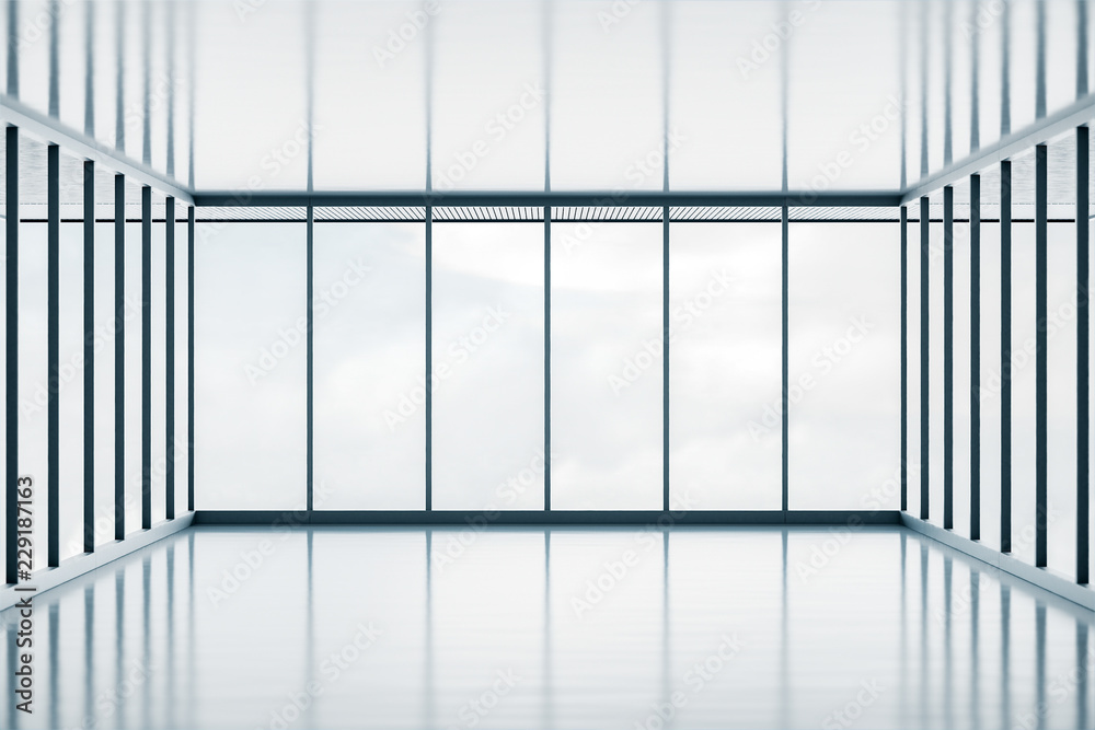 Front big hall and wide window with reflection floor. Sky view and ...