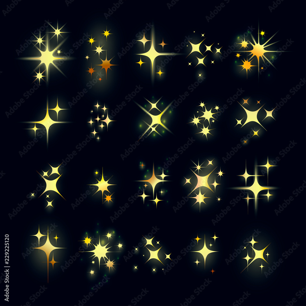 Set of Gold star sparkling and twinkling cartoon. Glittering star light ...