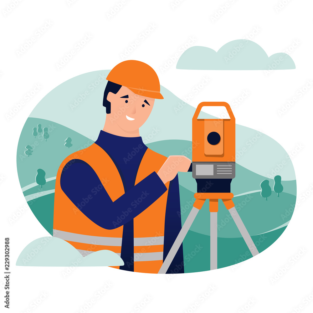 Surveyor and theodolite. Geodetic works. Cadastral engineer. Flat ...
