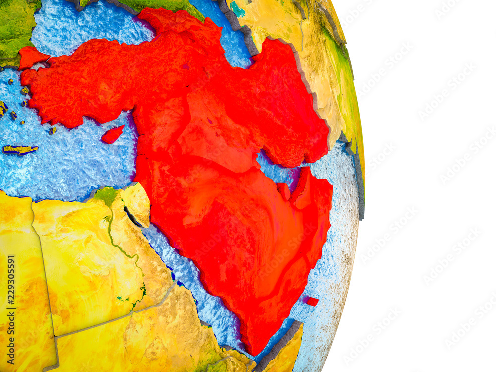 Western Asia on 3D model of Earth with divided countries and blue ...