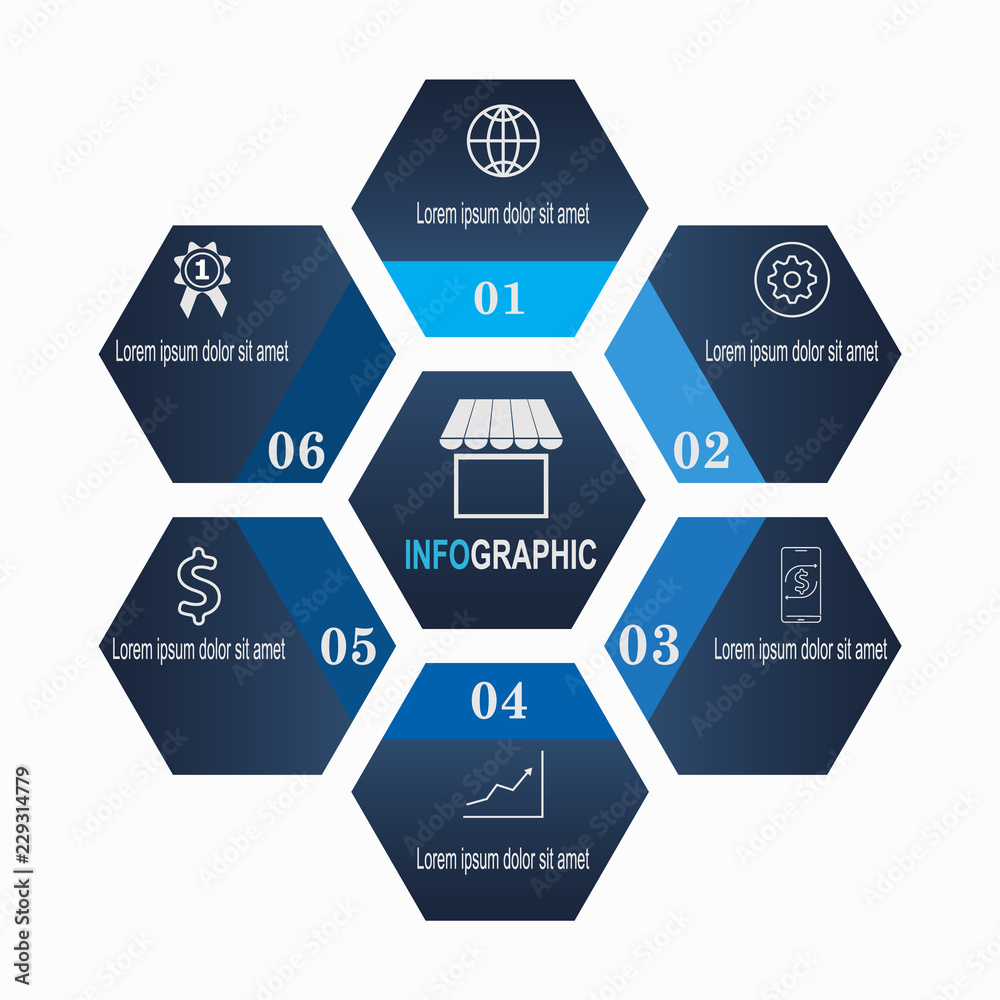 Infographic hexagon template with 6 steps business illustration for ...