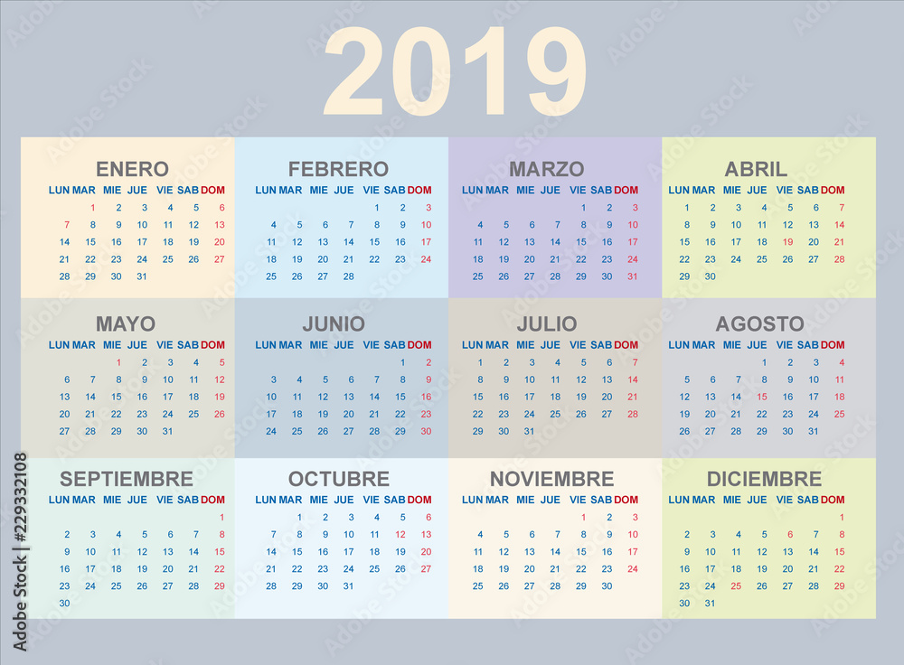 Calendario 2019 en español (Colores pastel) Stock Vector | Adobe Stock