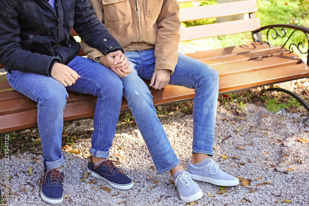 Happy Gay Couple Holding Hands While Sitting On Bench In Park Stock 3753