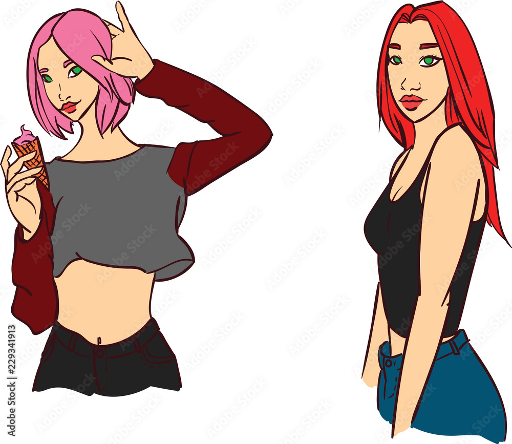 Girls Vector line art cartoon character. Storyboard, project advertise ...