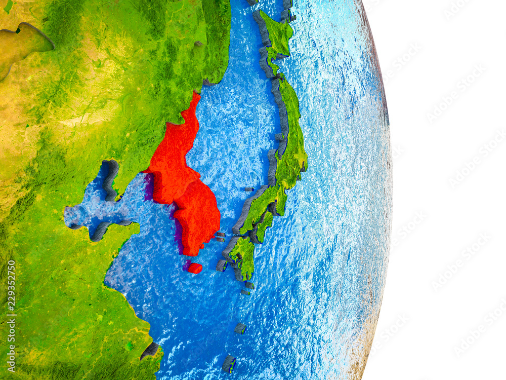 Korea on 3D model of Earth with divided countries and blue oceans ...