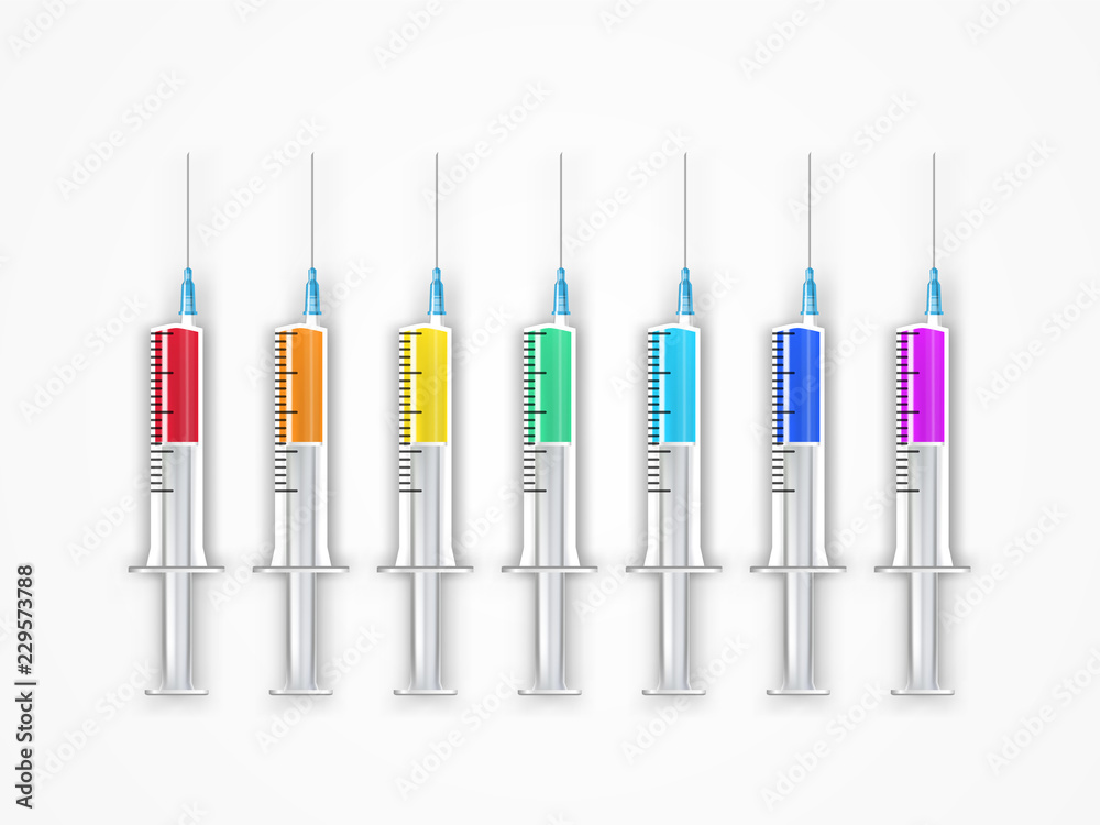 Translucent syringes with needle and with liquid serum isolated on ...
