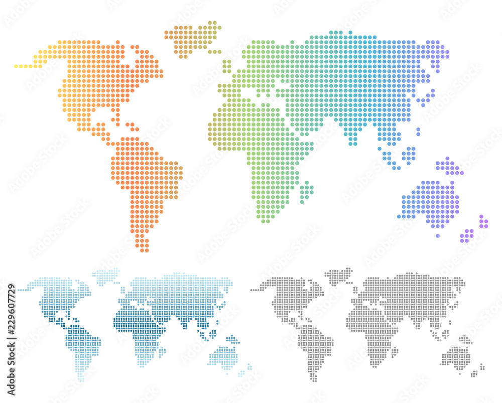 Pixel dots vector world map in color and in grey. Colorful rainbow and ...