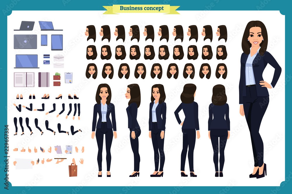 Set of Businesswoman character design.Front, side, back view animated ...