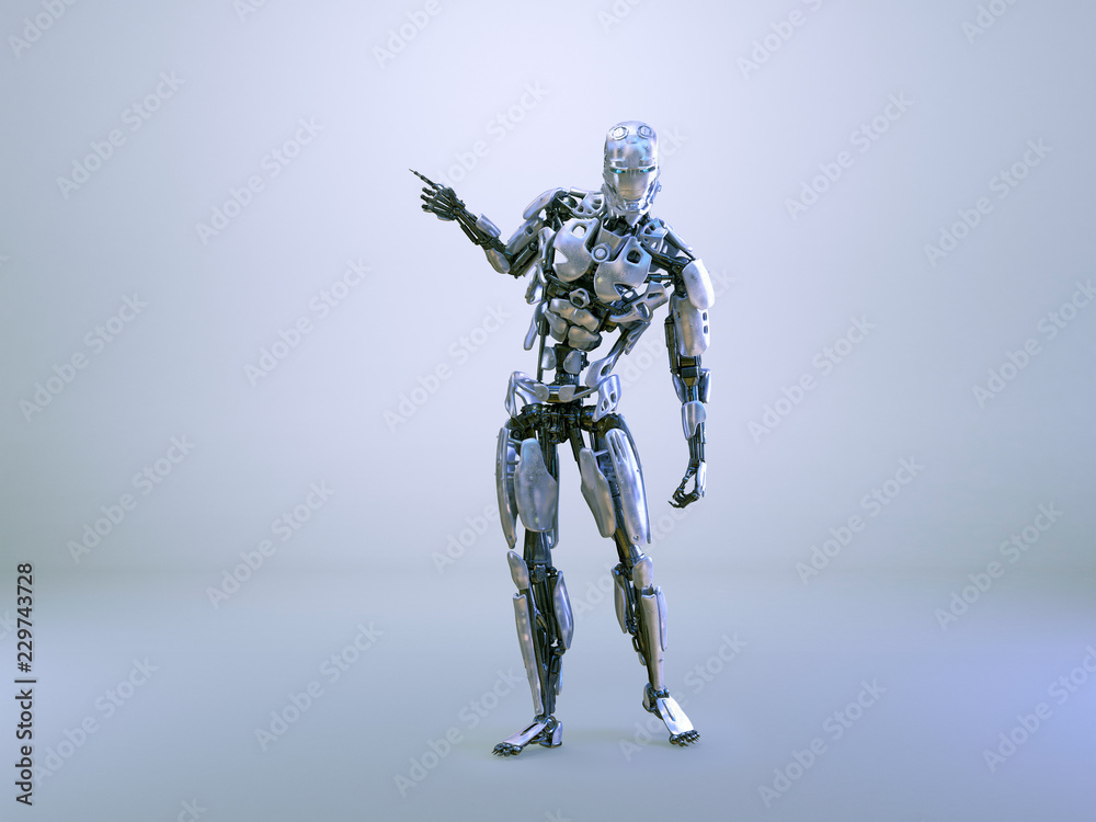Robot cyborg android man finger pointing, on studio background, artificial intelligence ...