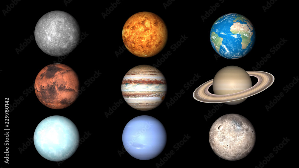 All planets of Solar System. Mercury, Venus, World, Mars, Jupiter ...
